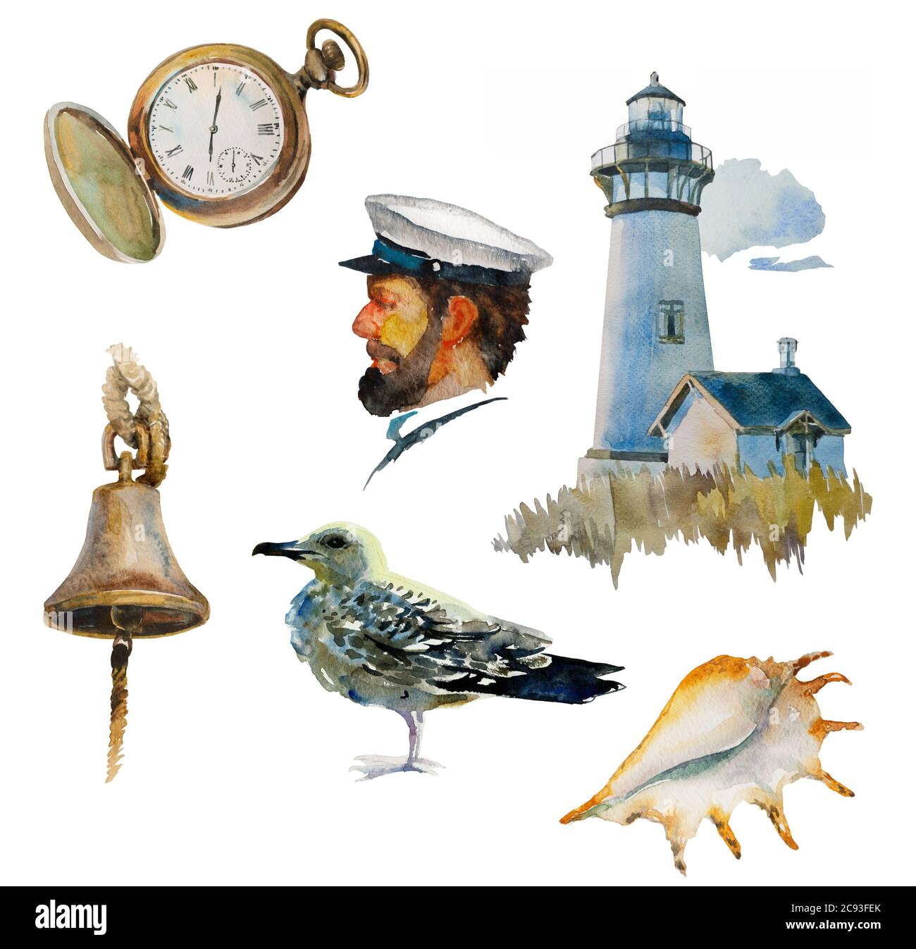 Retro collection of nautical watercolors with pocket watch, captain ...