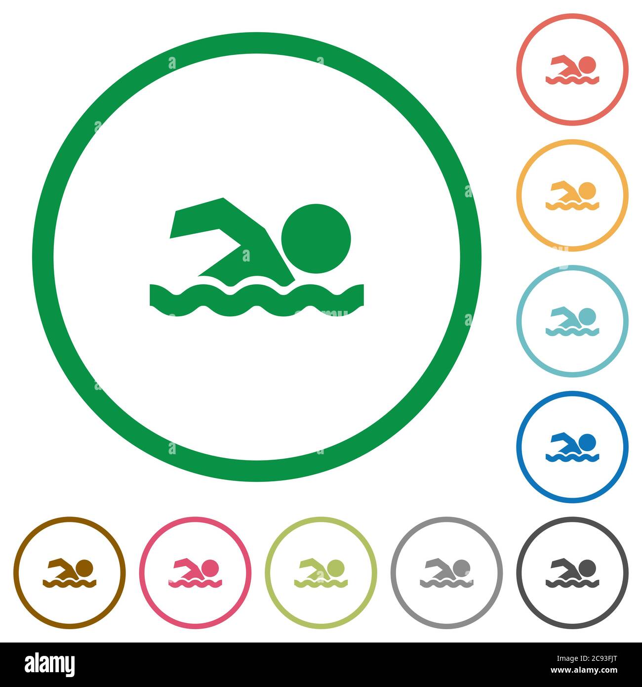 Swimming man flat color icons in round outlines on white background ...