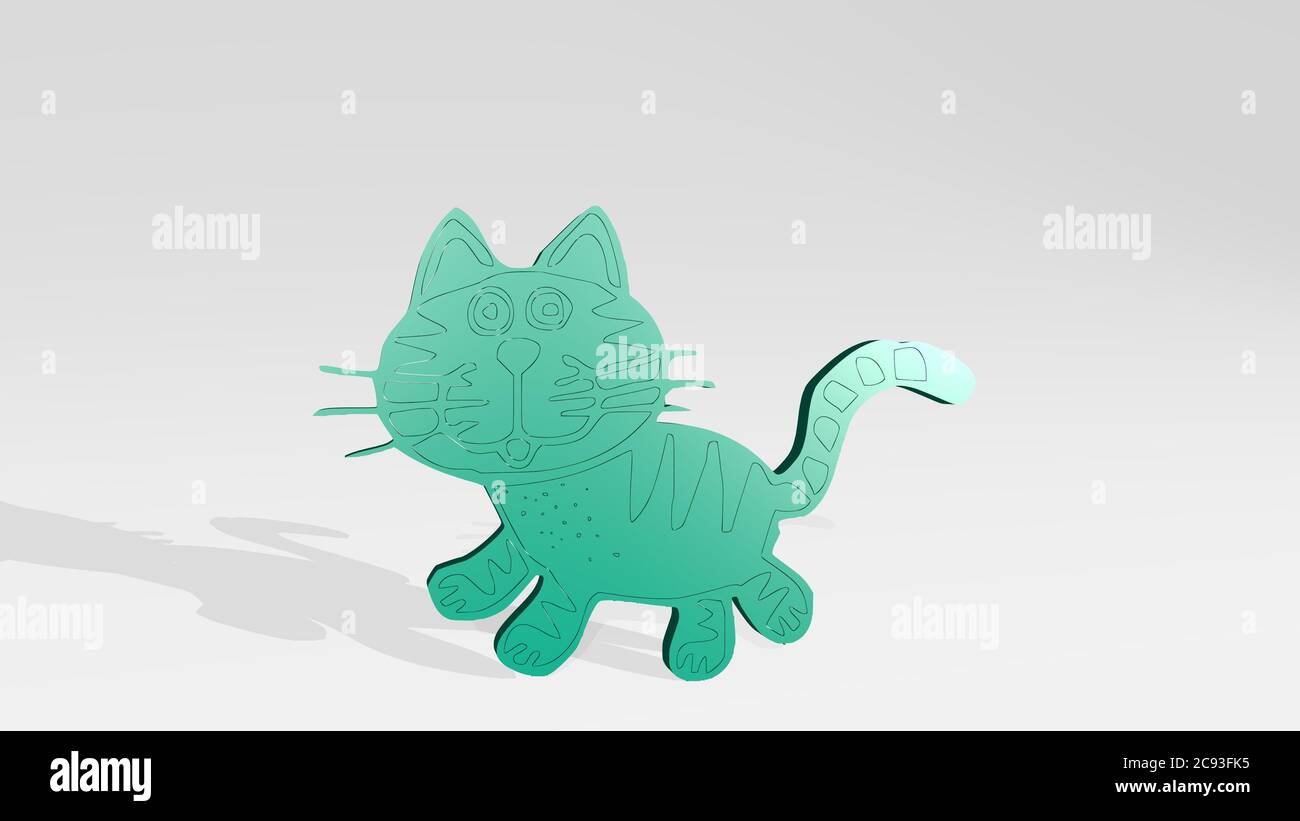 cat on the wall. 3D illustration of metallic sculpture over a white ...