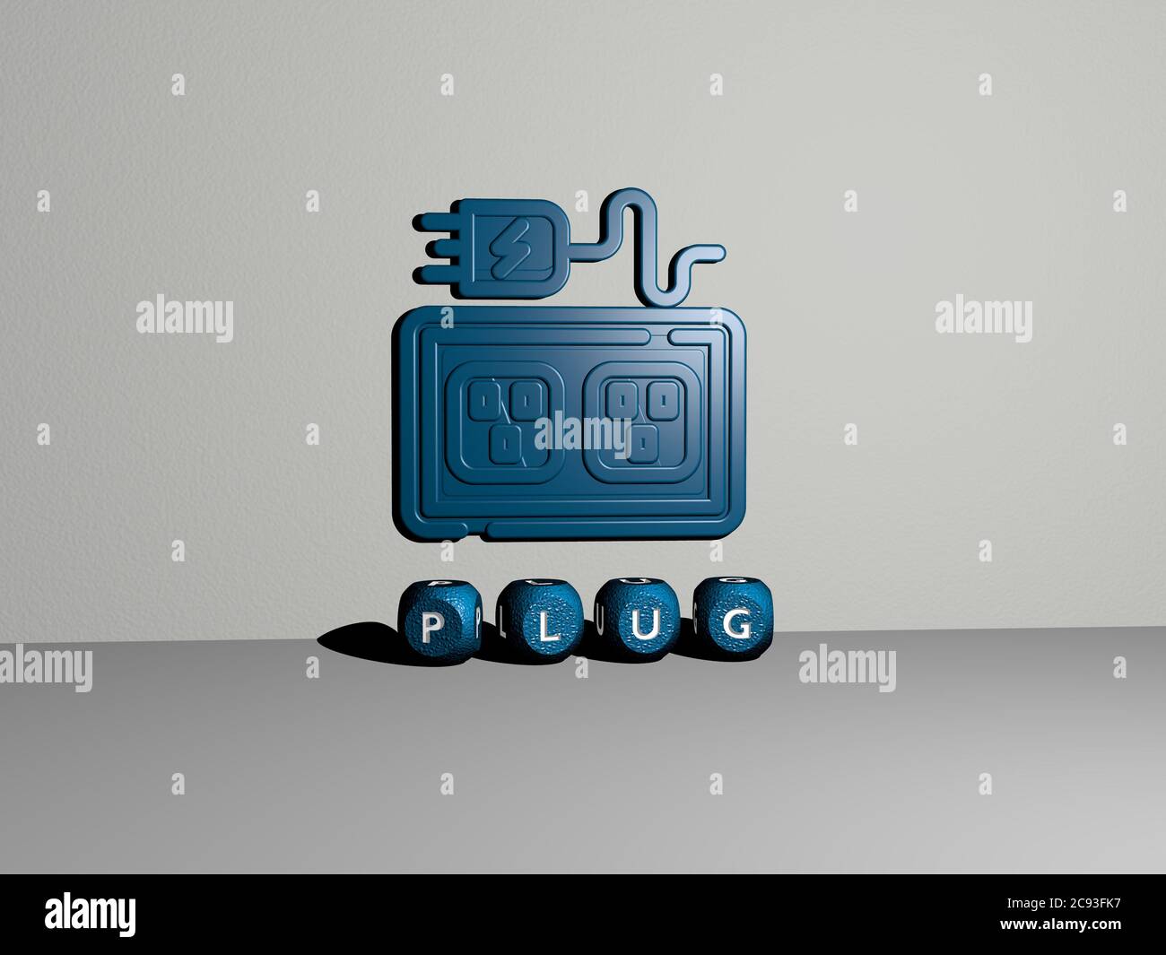 3D representation of PLUG with icon on the wall and text arranged by ...