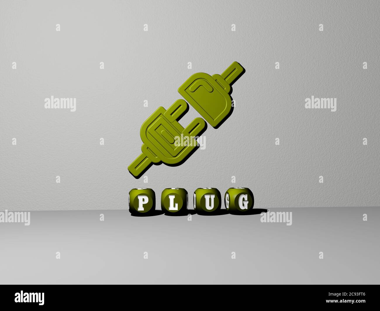 3D illustration of PLUG graphics and text made by metallic dice letters ...