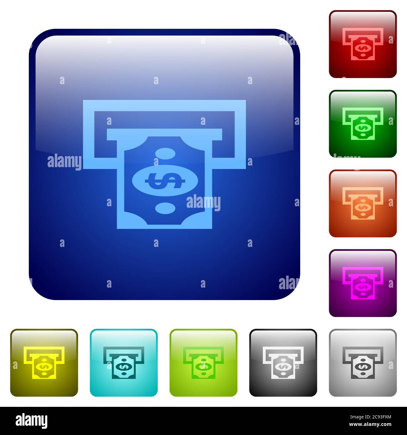 Dollar bank ATM icons in rounded square color glossy button set Stock ...