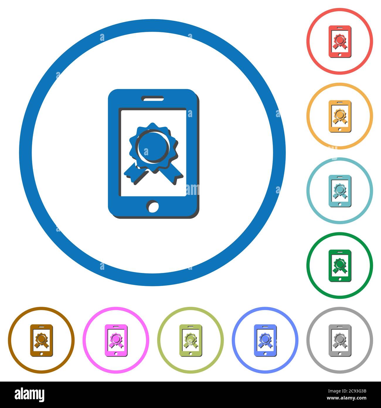 Mobile certification flat color vector icons with shadows in round ...