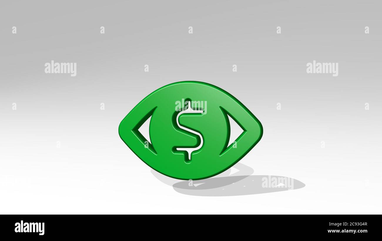 CASH EYE stand with shadow. 3D illustration of metallic sculpture over ...