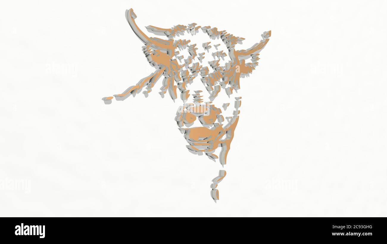 angry cow portrait made by 3D illustration of a shiny metallic ...