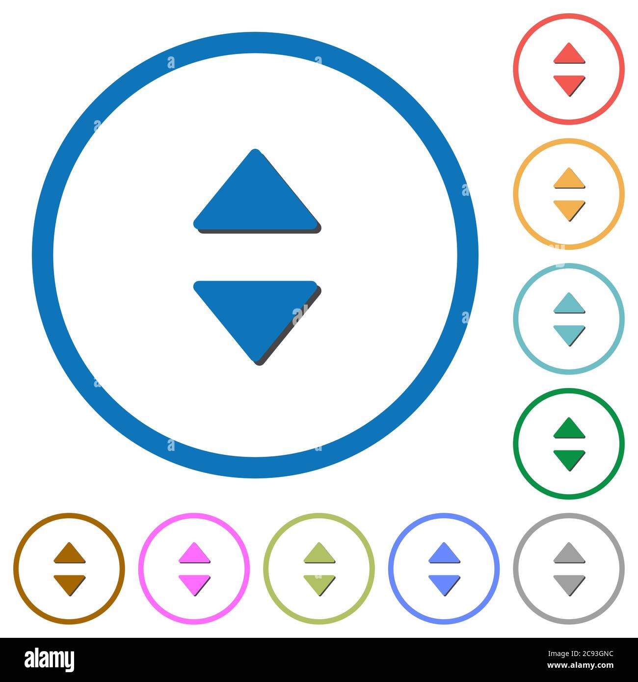 Vertical control arrows flat color vector icons with shadows in round ...