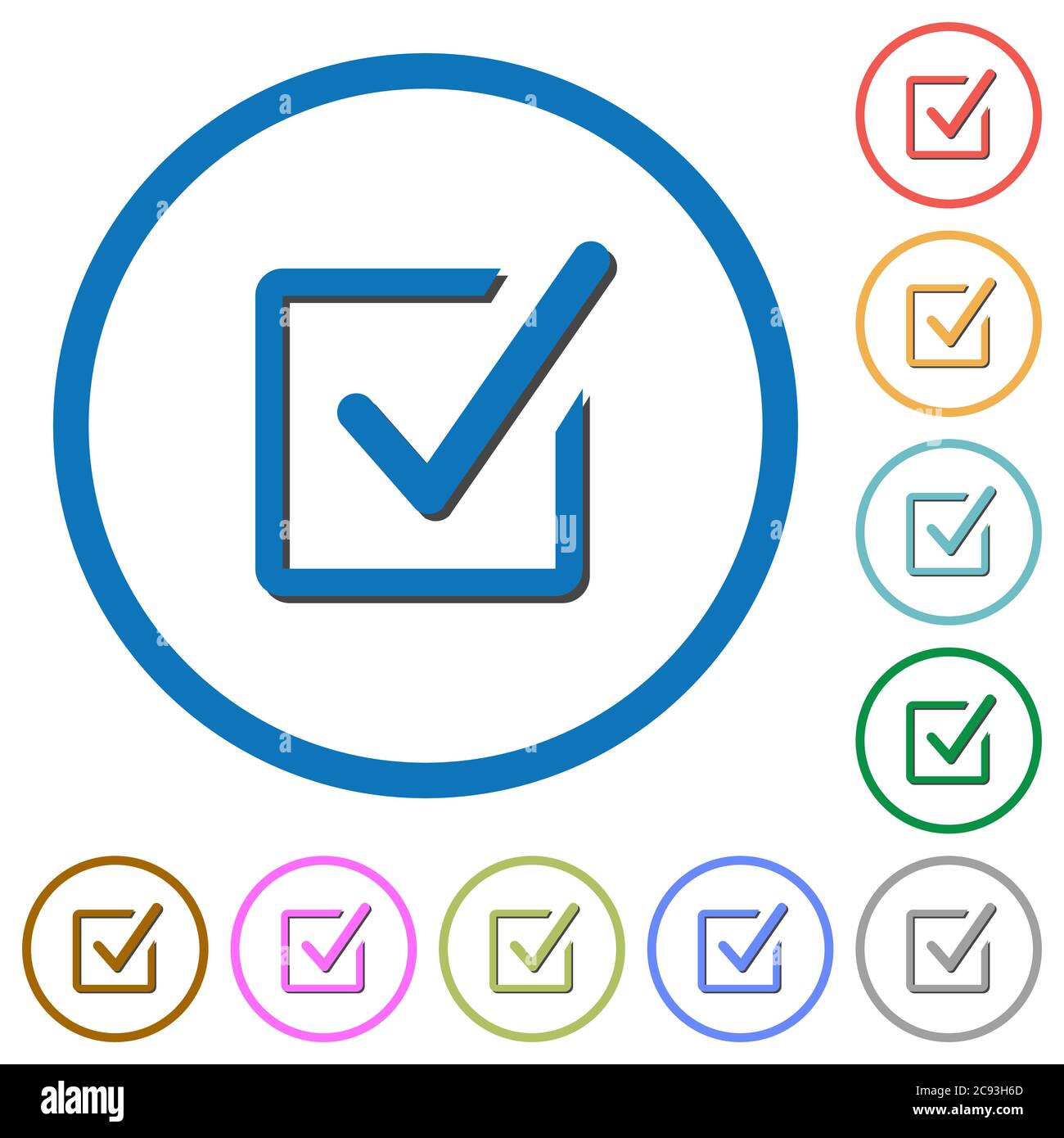 Checked box flat color vector icons with shadows in round outlines on ...