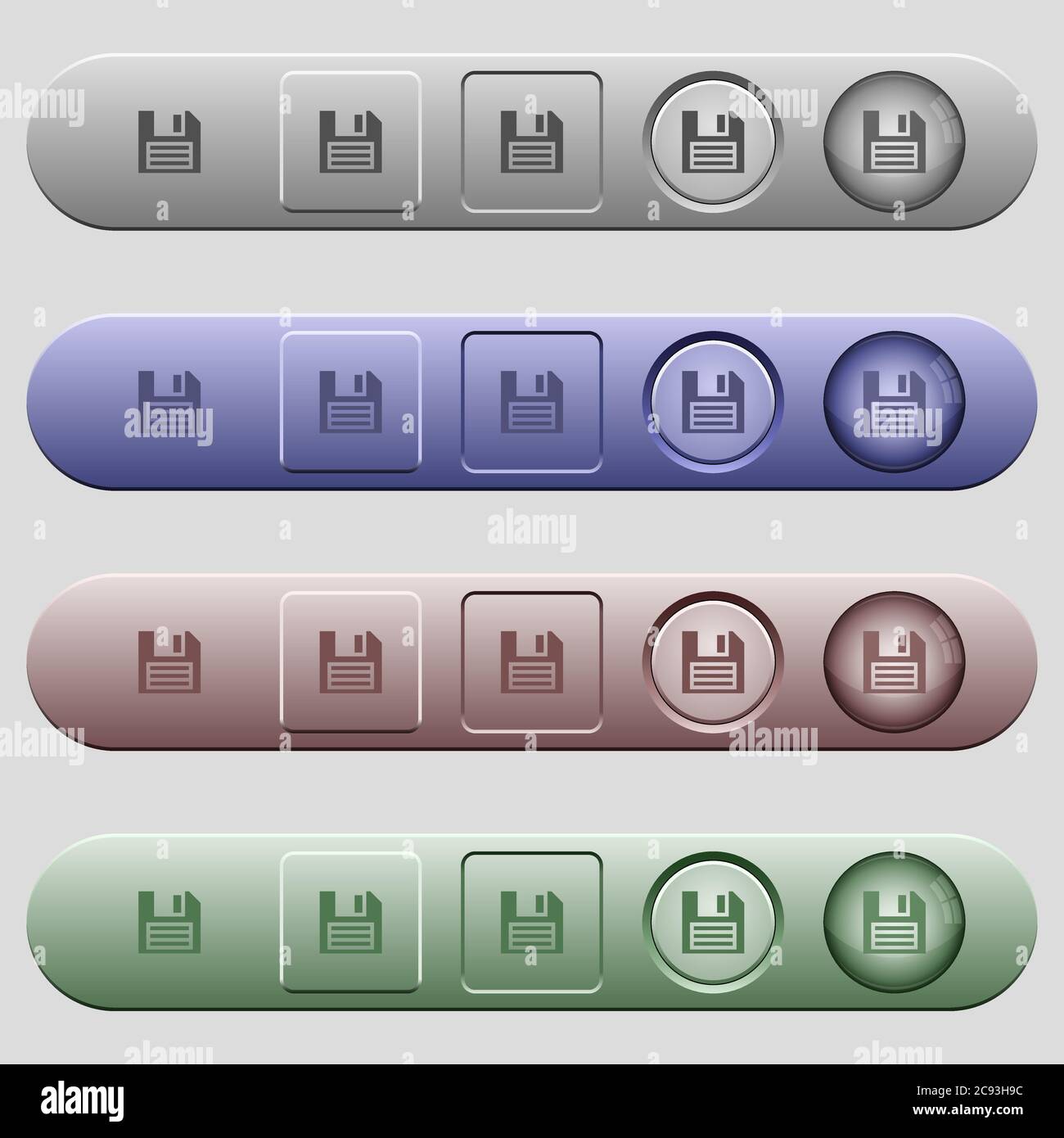 Floppy disk icons on rounded horizontal menu bars in different colors ...