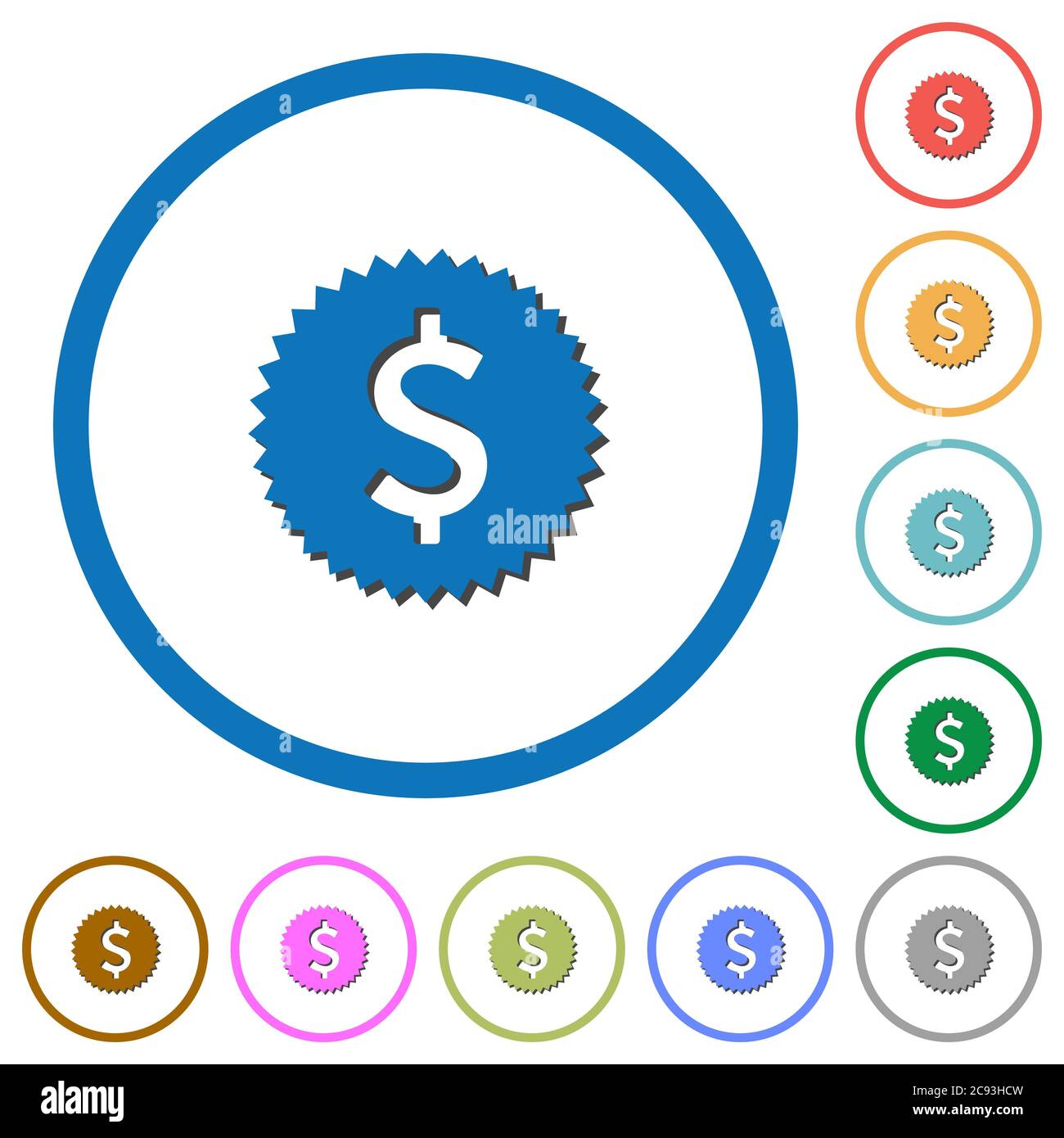 Dollar sticker flat color vector icons with shadows in round outlines ...