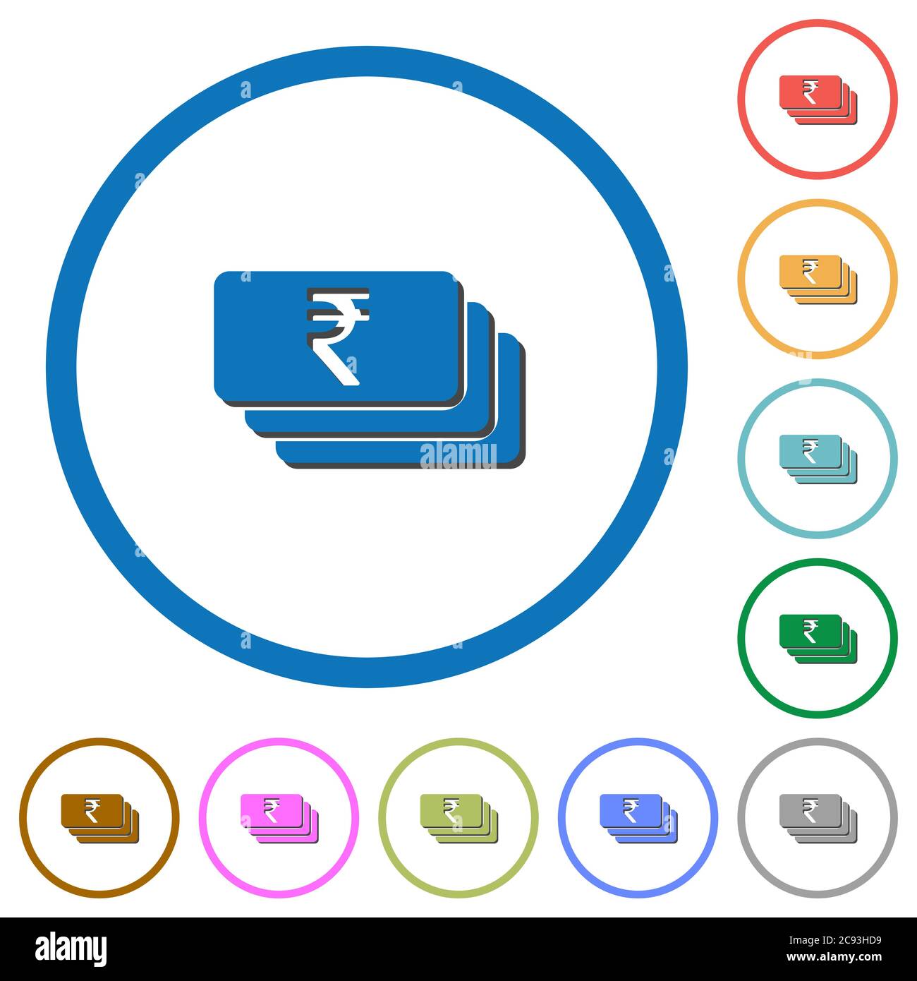 Indian Rupee banknotes flat color vector icons with shadows in round ...