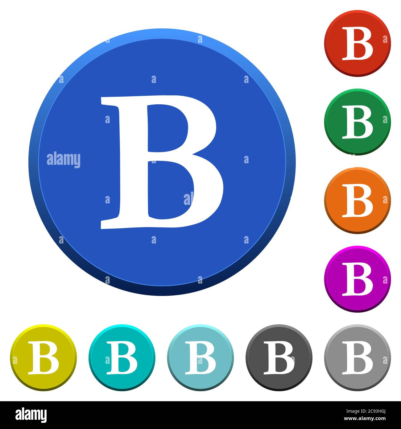Bold font type round color beveled buttons with smooth surfaces and flat white icons Stock ...