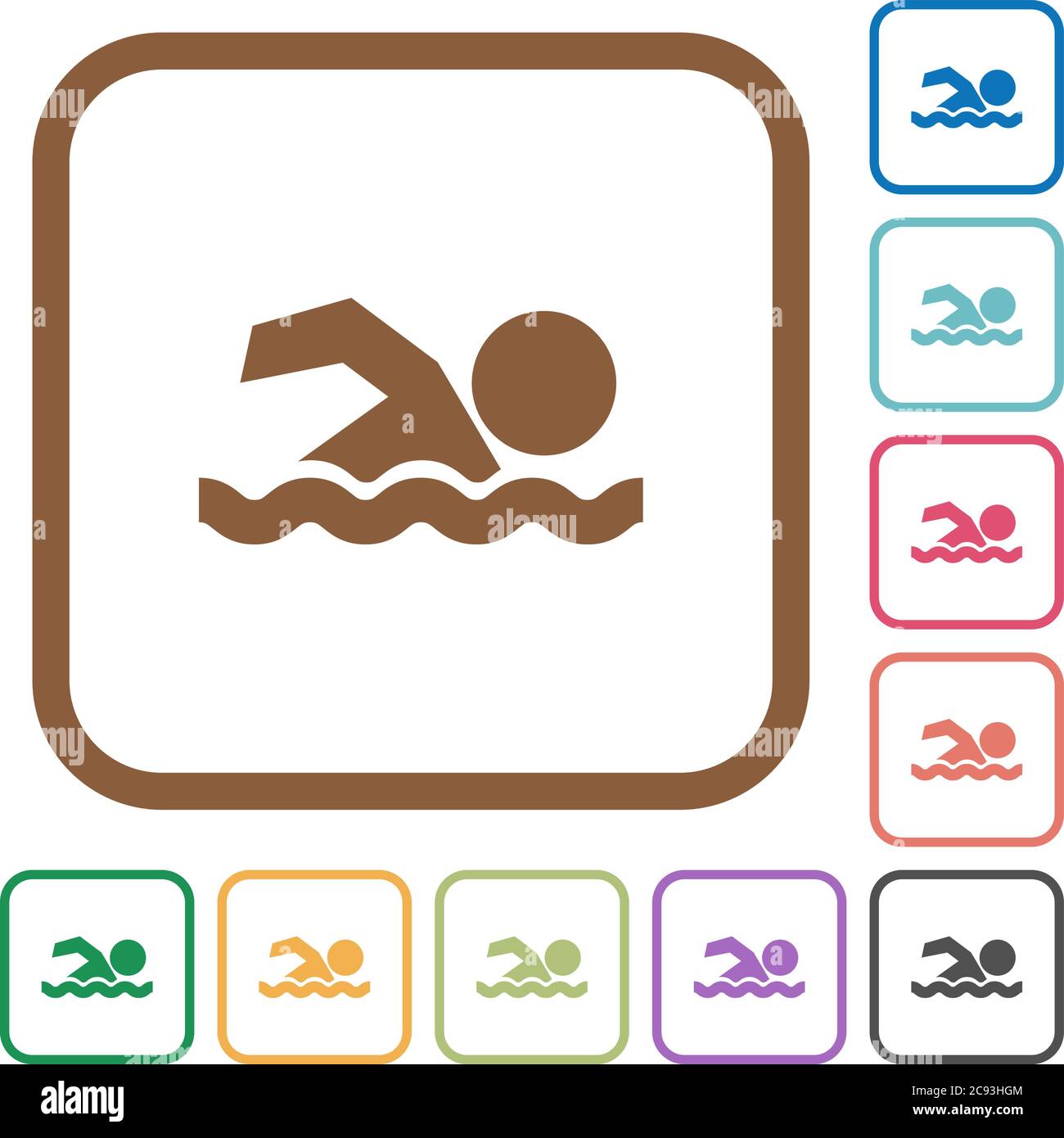 Swimming man simple icons in color rounded square frames on white ...