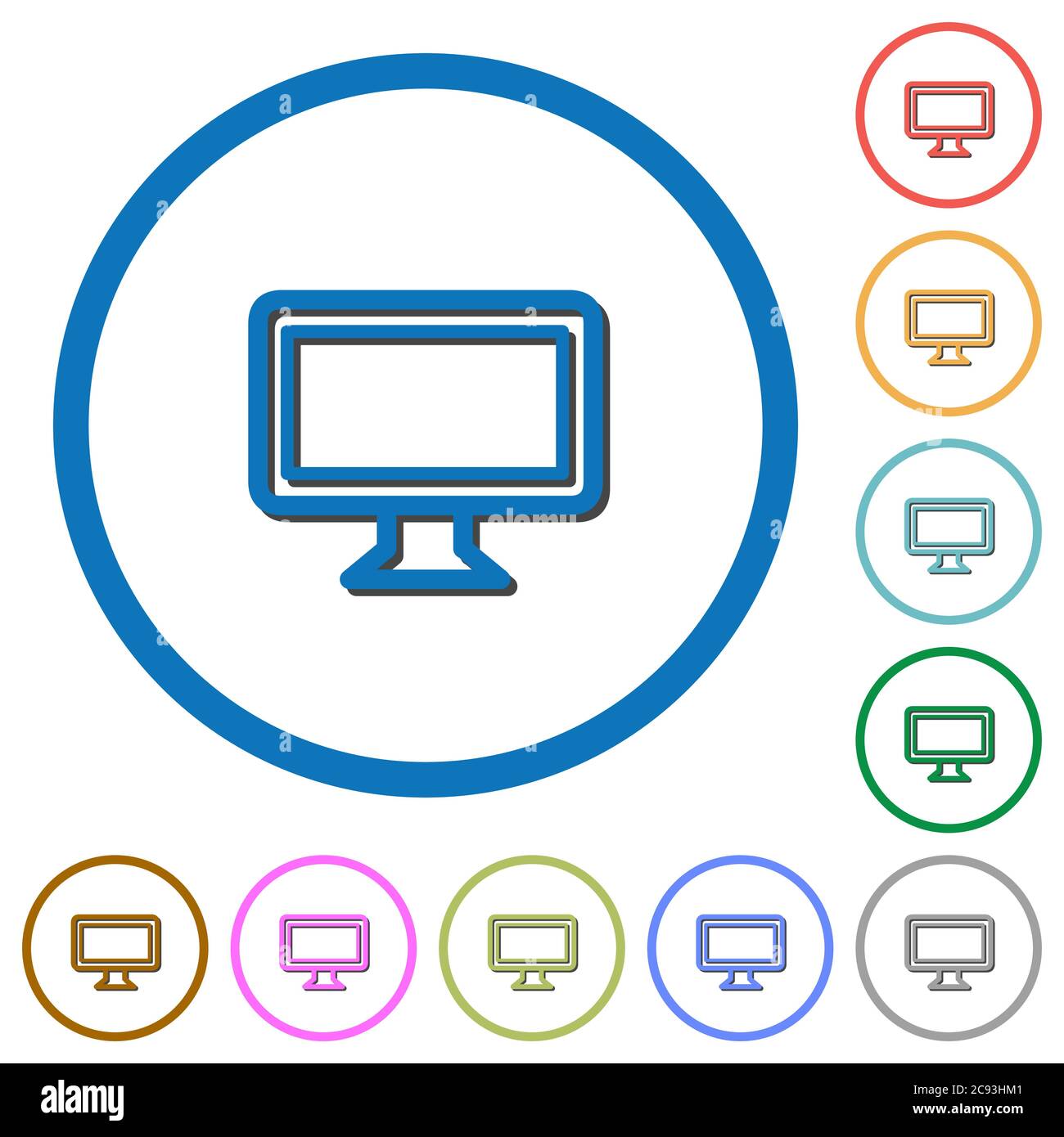 Monitor flat color vector icons with shadows in round outlines on white ...