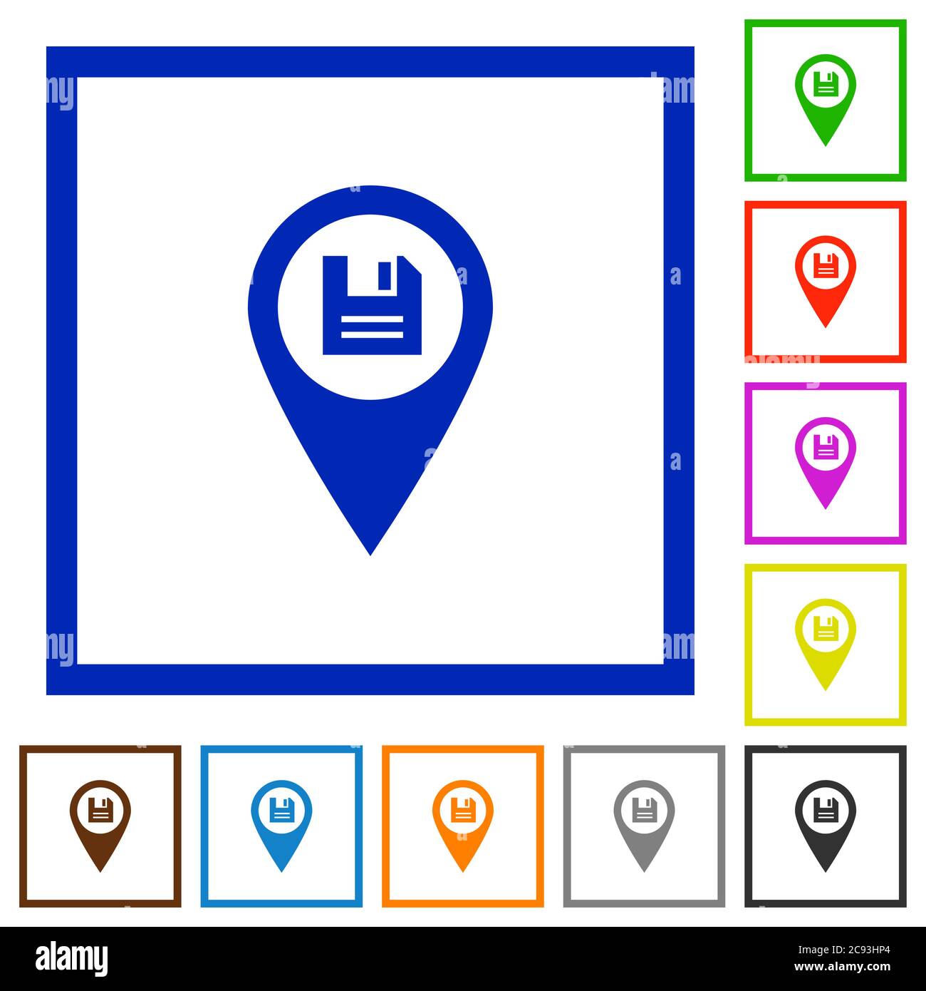 Save GPS map location flat color icons in square frames on white ...