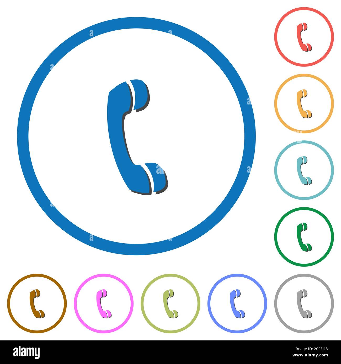 Call flat color vector icons with shadows in round outlines on white ...