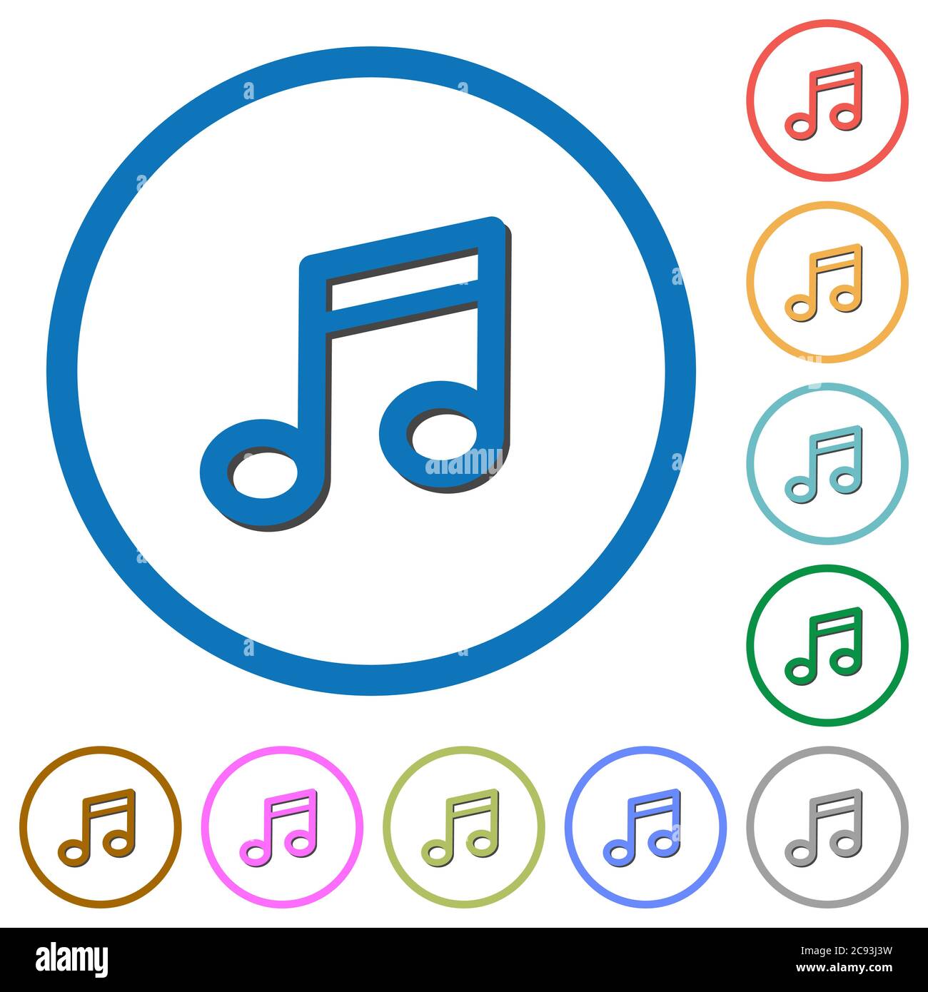 Music note flat color vector icons with shadows in round outlines on ...