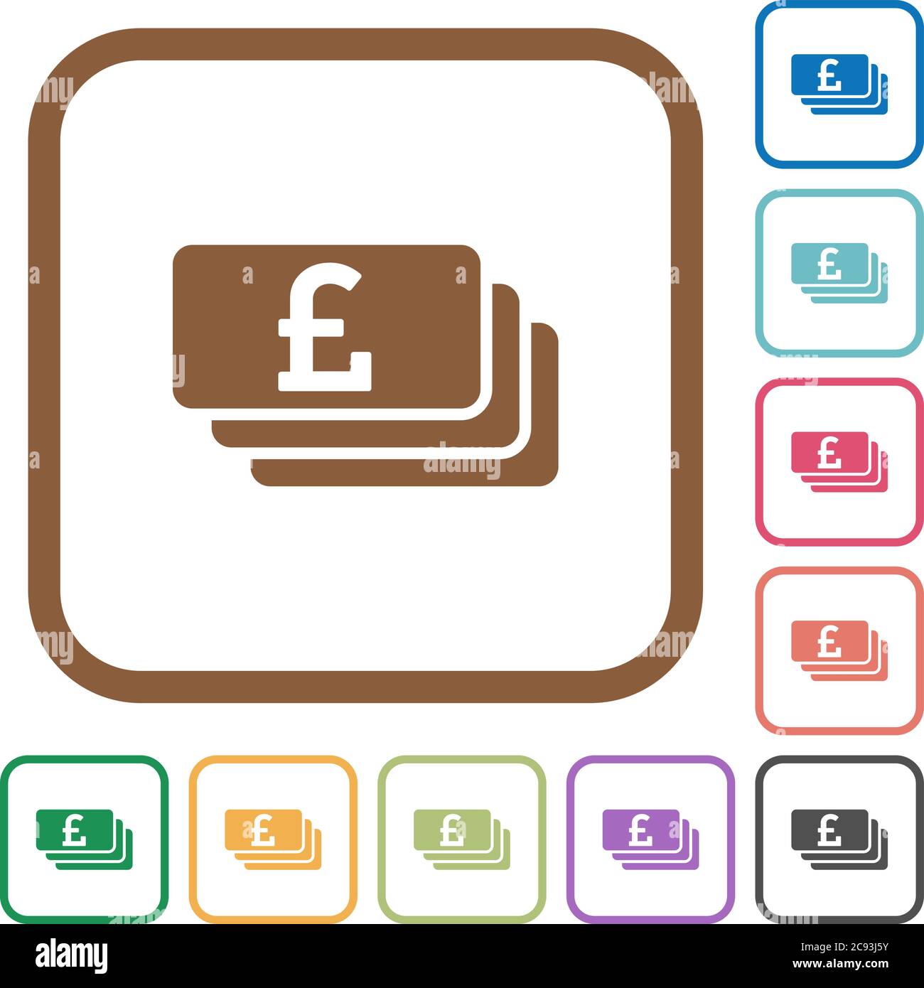 Pound banknotes simple icons in color rounded square frames on white ...