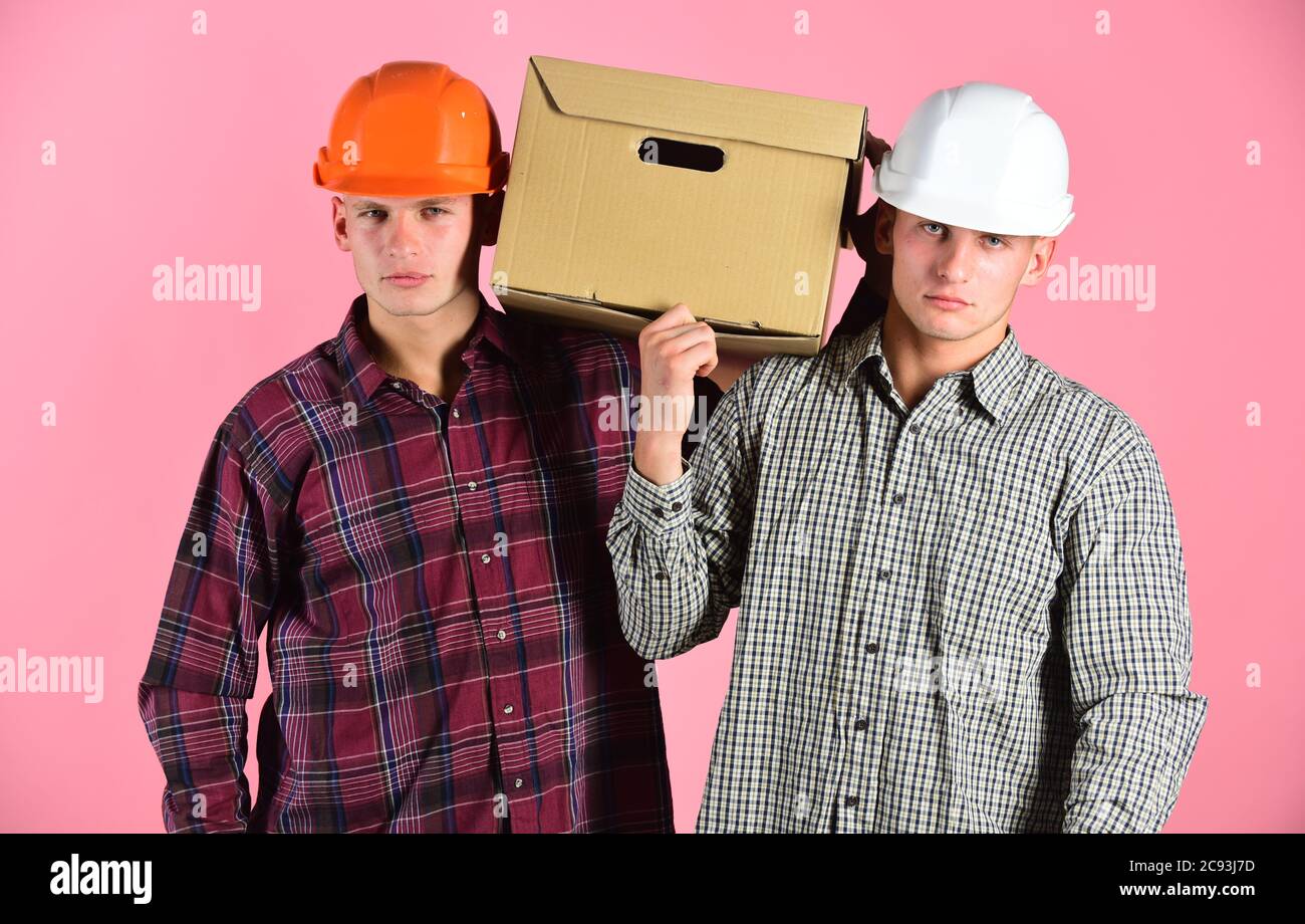 Delivery, warehouse and packaging concept. Siblings with carton box ...