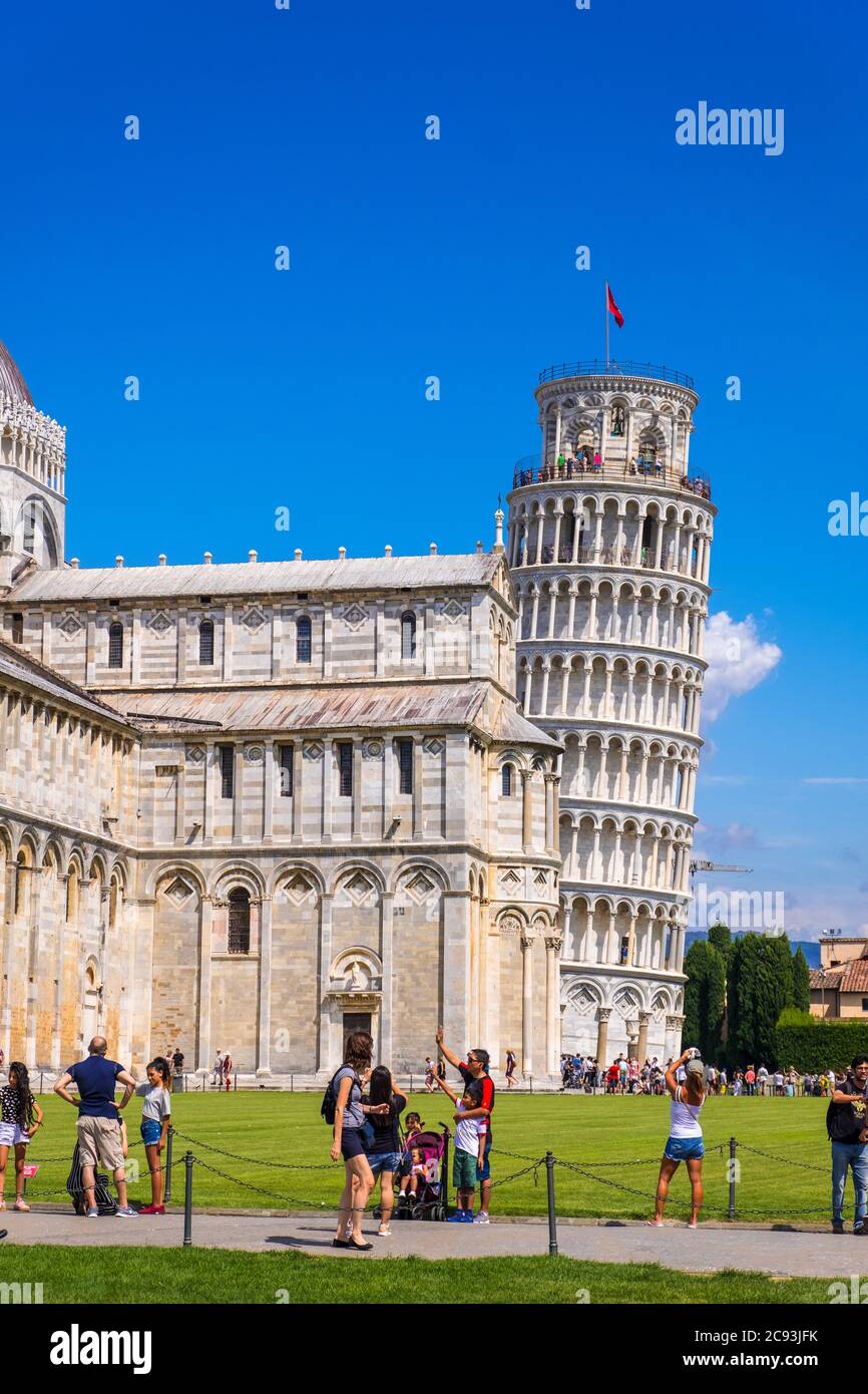 Pisa, Italy - August 14, 2019: Large group of tourists in front of the ...