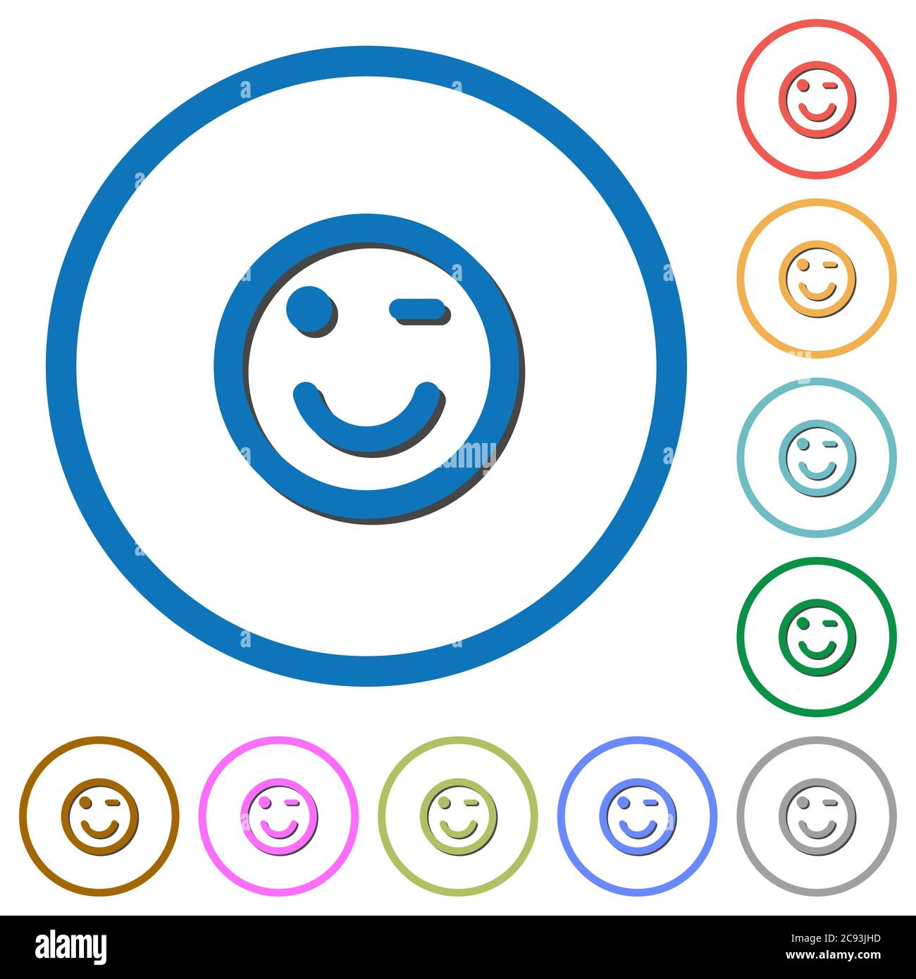 Winking flat color vector icons with shadows in round outlines on white ...