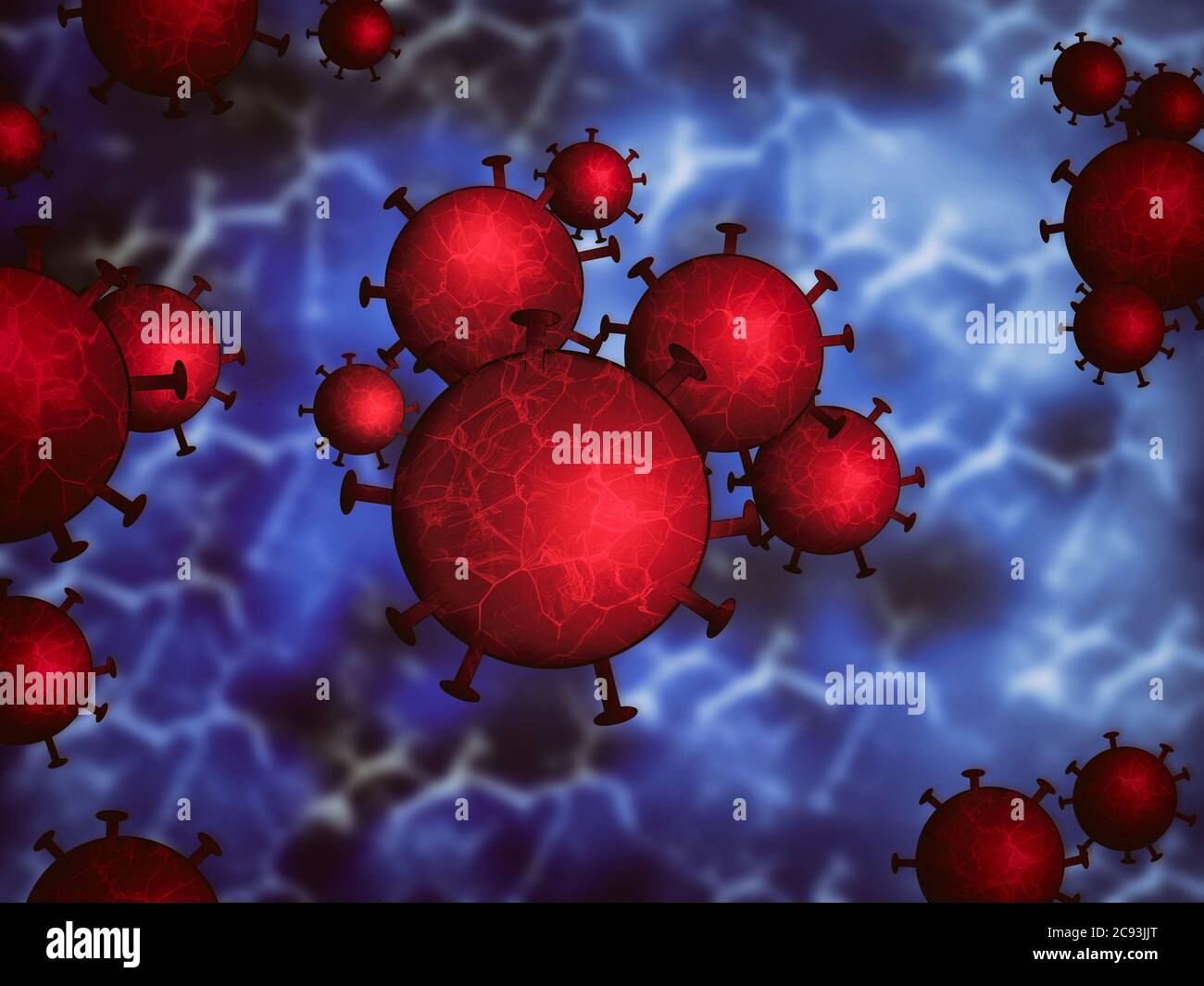 Illustration of red coronavirus cells on a blue background Stock Photo ...