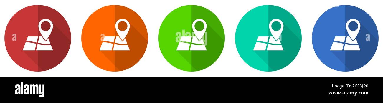 Gps, map, travel icon set, red, blue, green and orange flat design web ...