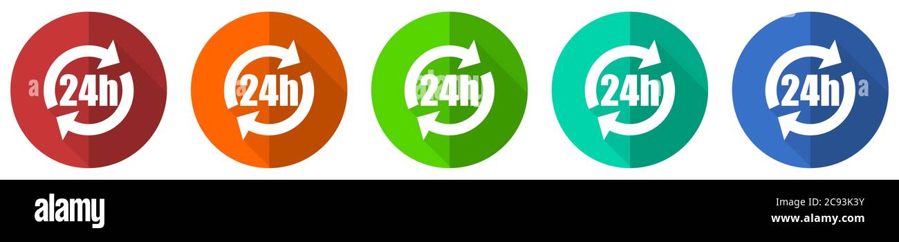 24h icon set, red, blue, green and orange flat design web buttons ...