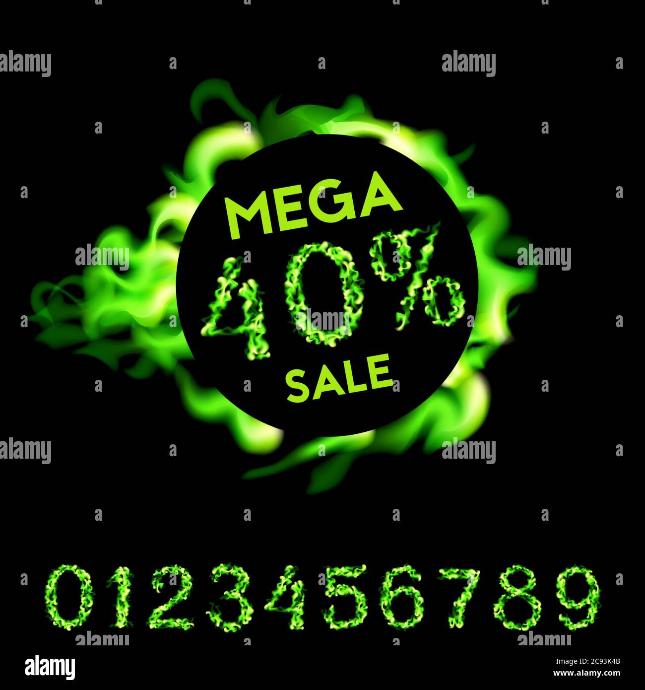 40 percent mega sale. Green fire design on black background. Vector ...