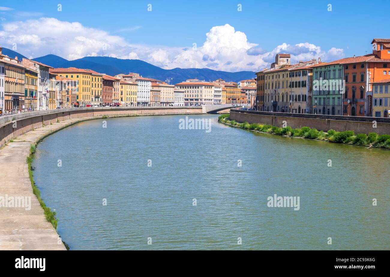 Pisa, Italy - August 14, 2019: Colorful houses at the Arno river ...