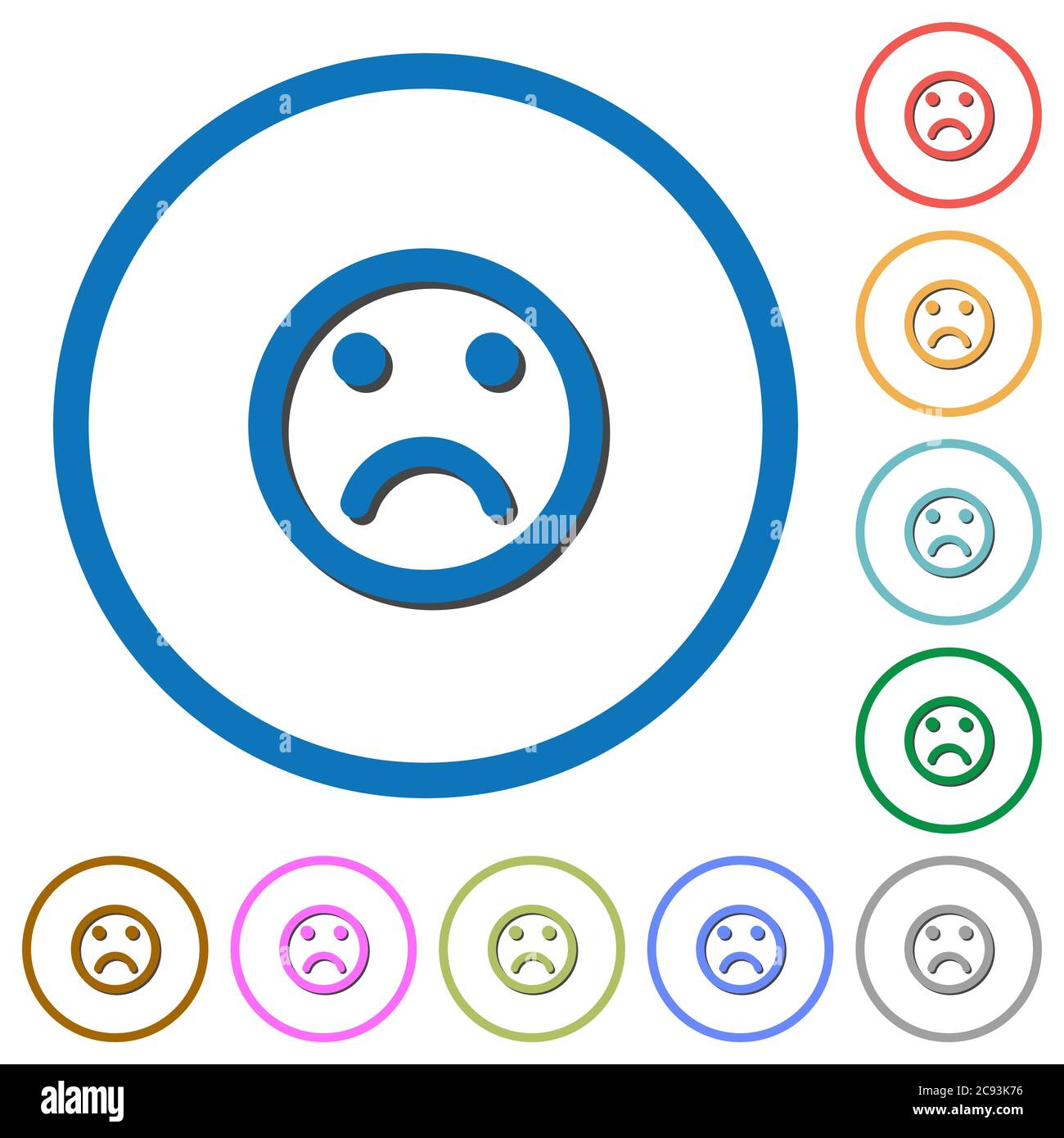 Sad emoticon flat color vector icons with shadows in round outlines on ...