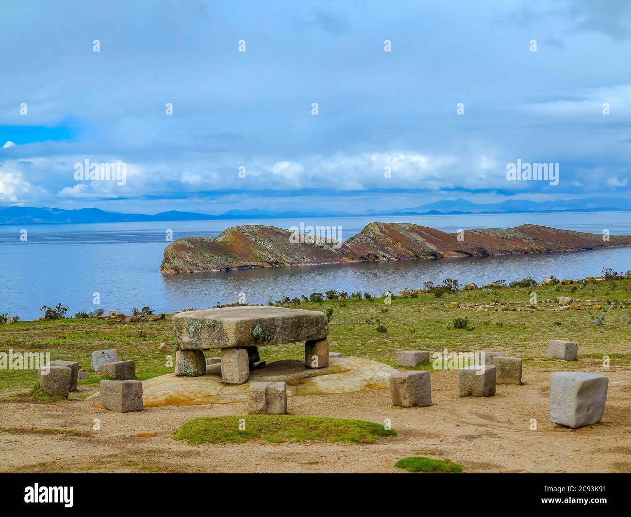 Inca altar on Lake Titicaca, straddling the border between Peru and ...