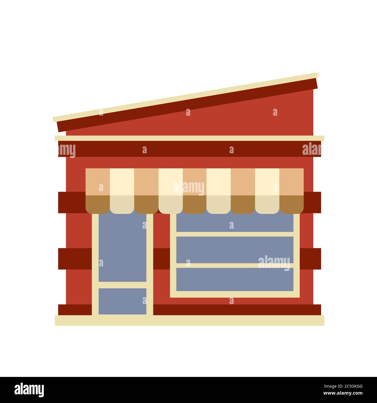 The facade of the shop with a sloping roof and a large window sign ...