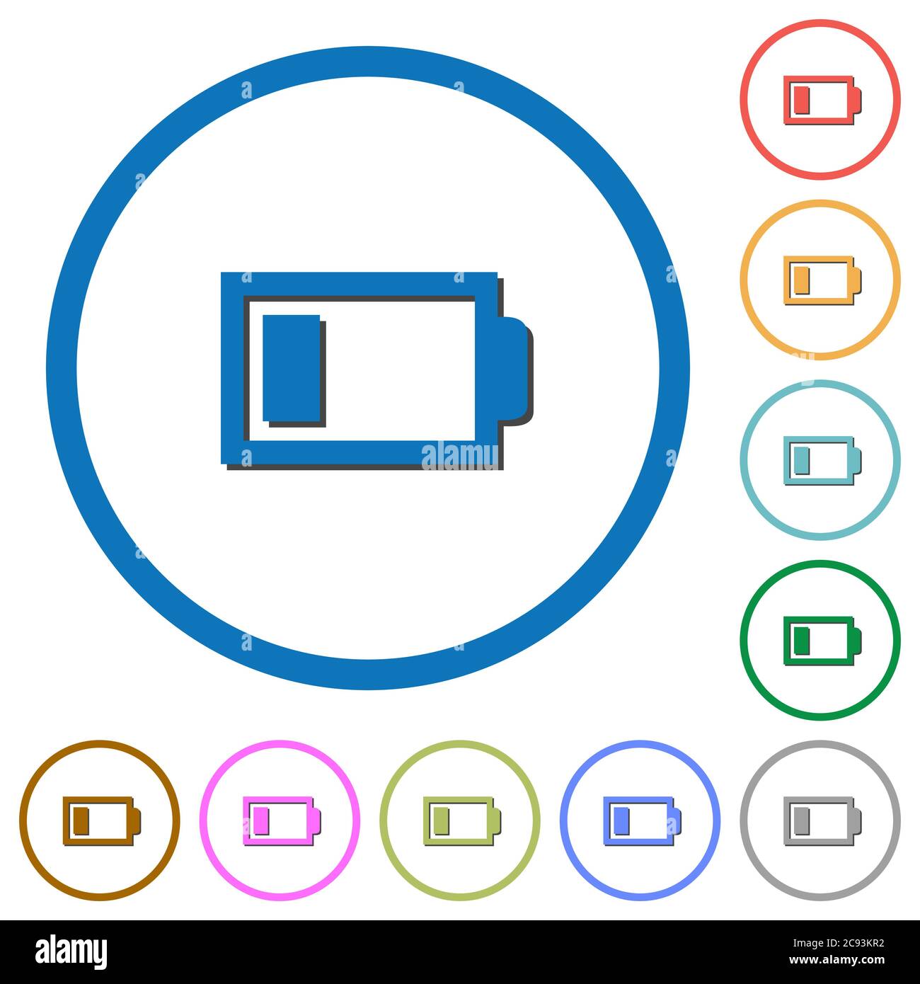 Low battery with one load unit flat color vector icons with shadows in ...