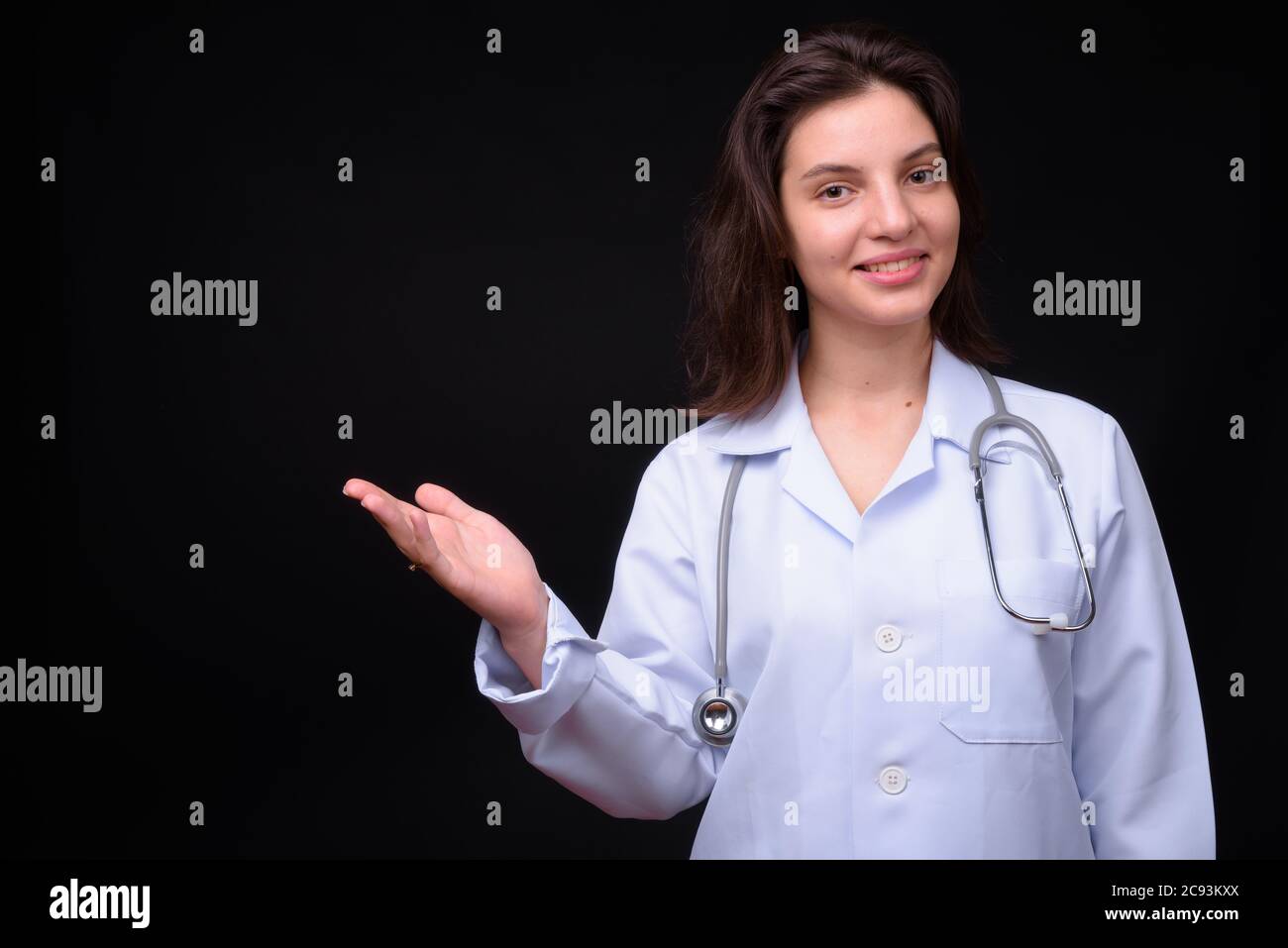 Portrait of young beautiful woman doctor with short hair Stock Photo ...