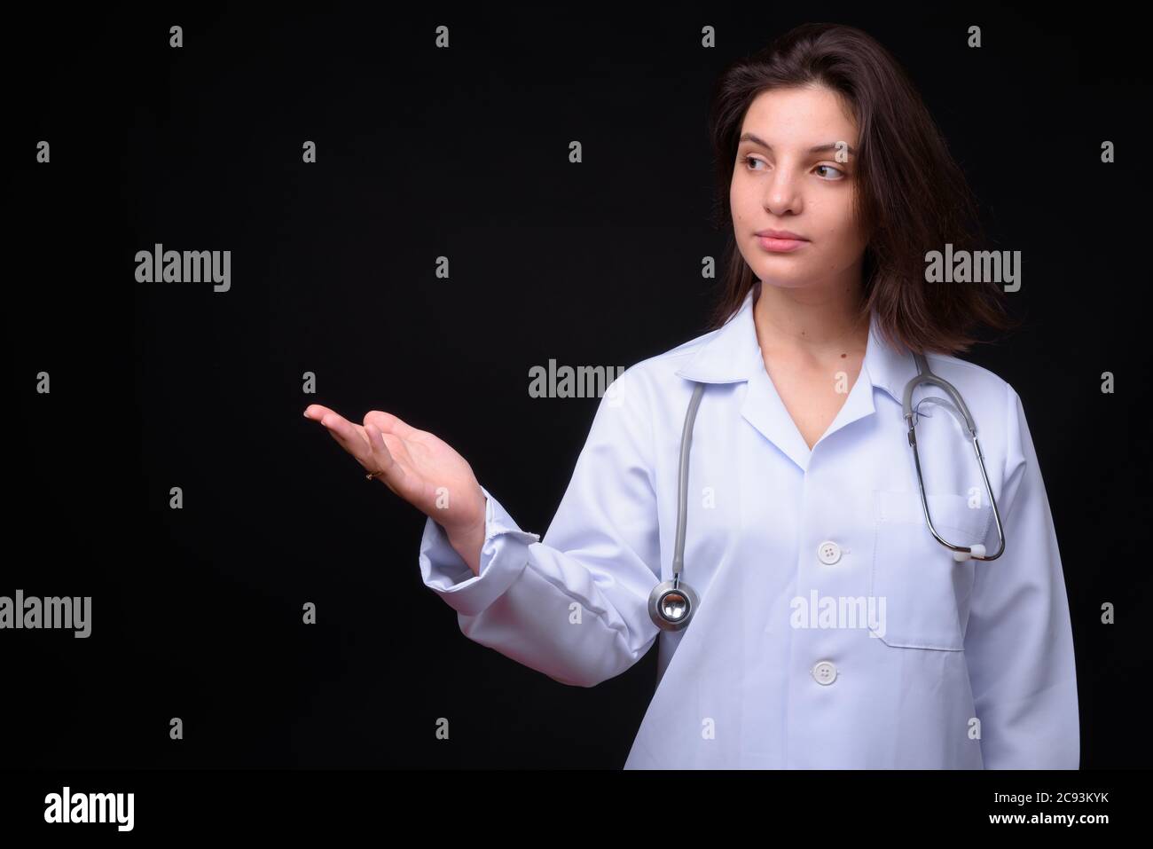Portrait of young beautiful woman doctor with short hair Stock Photo ...
