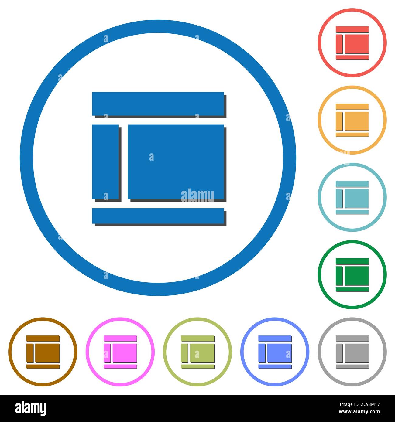 Two columned web layout flat color vector icons with shadows in round ...