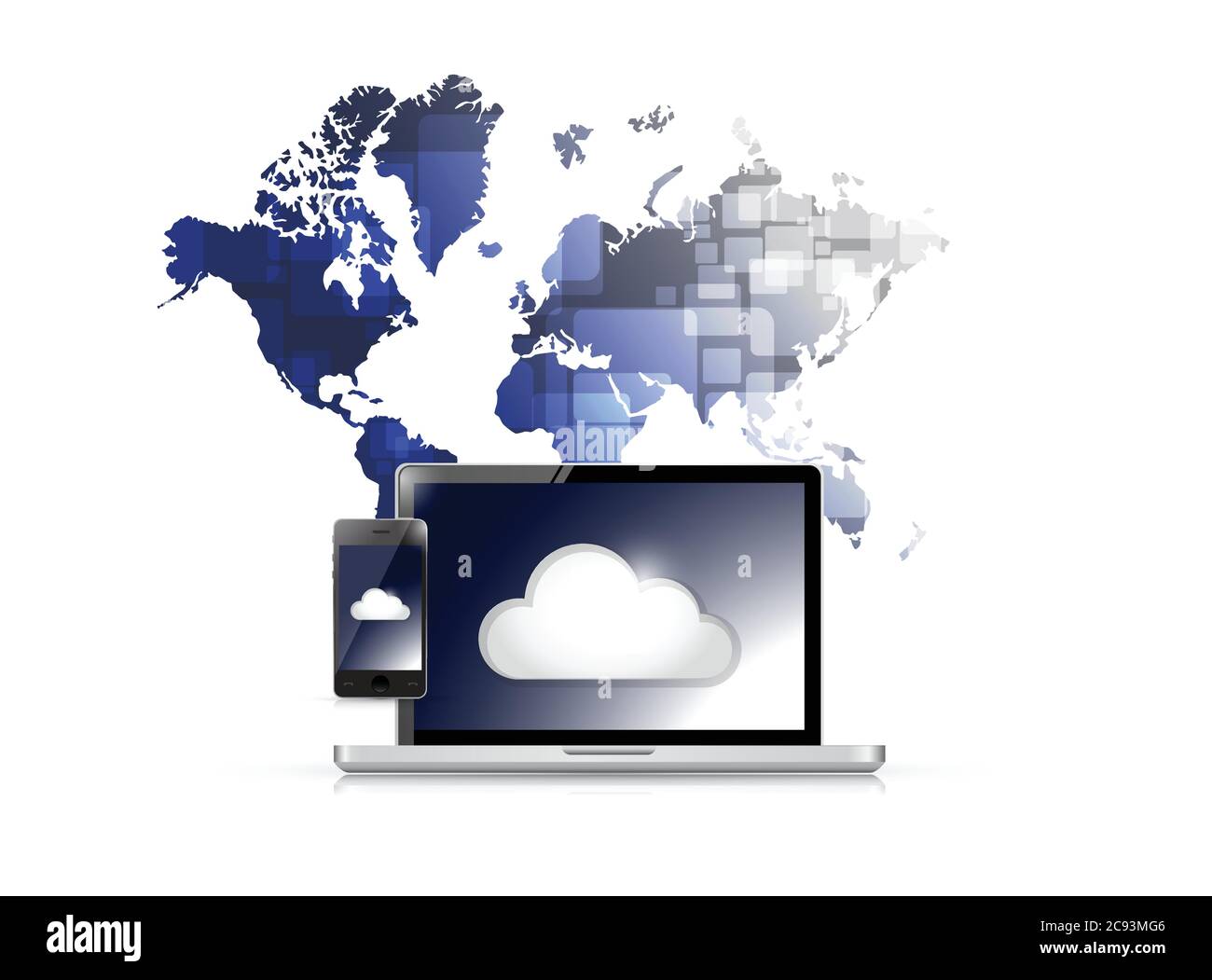 Laptop cloud computing world map illustration design over a white ... Laptop cloud computing world map illustration design over a white ...