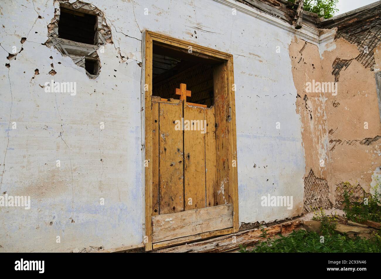 Landscape of ruined buildings at sunset, image of decrepitude or ...