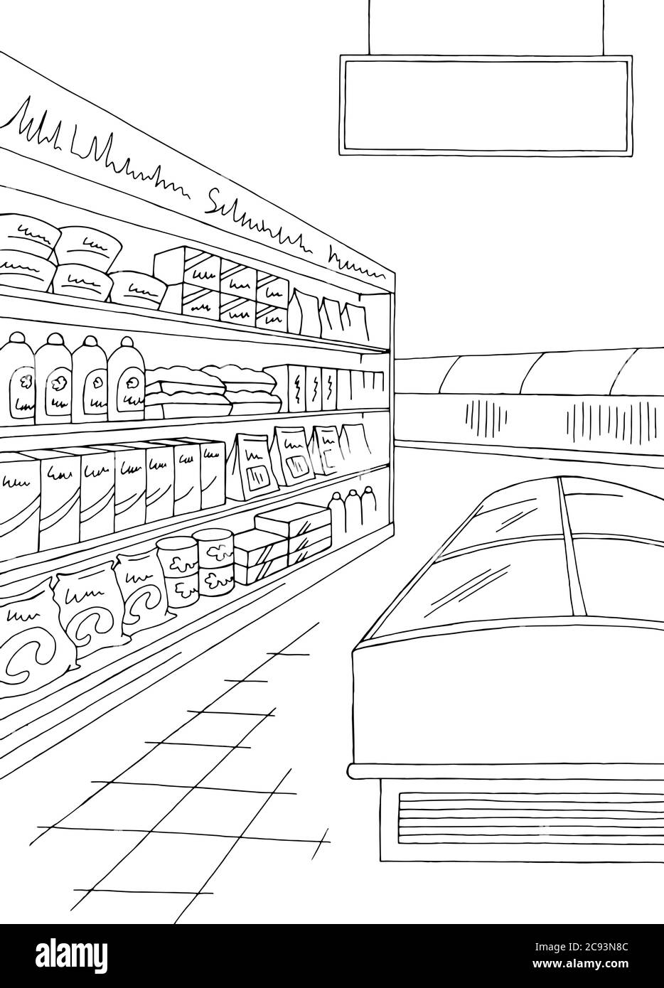 Grocery store shop interior black white graphic vertical sketch ...