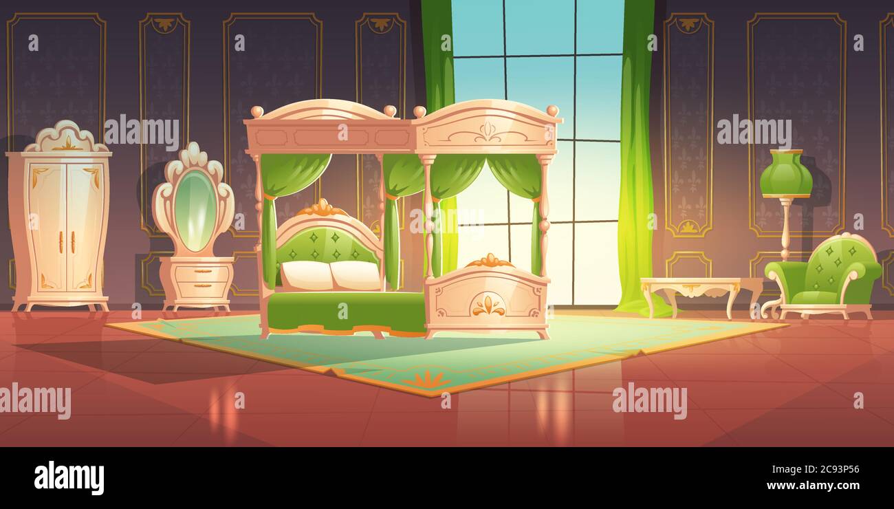 Luxury bedroom interior with furniture in romantic style. Vector ...