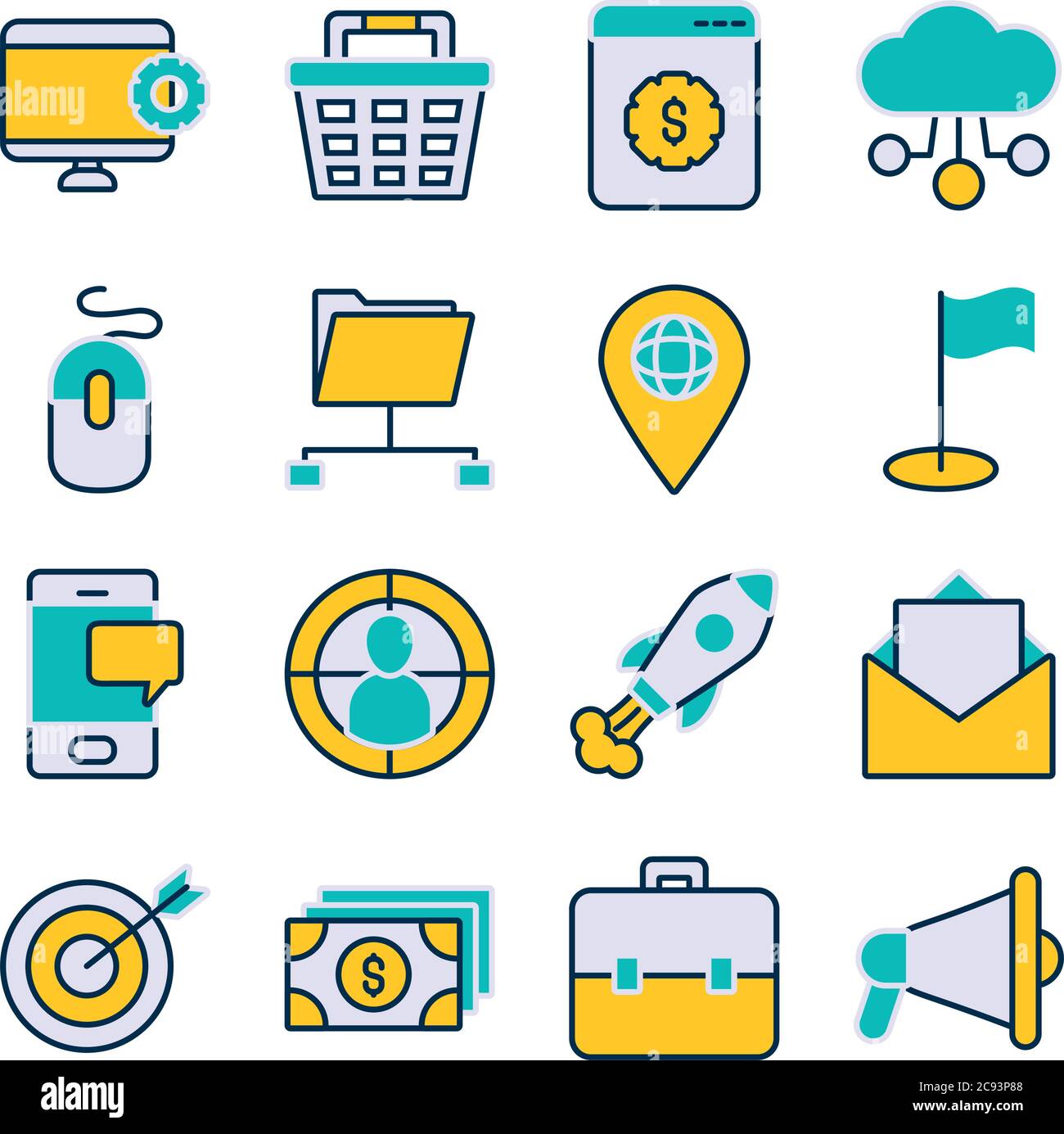 icon set of rocket and marketing concept over white background, line ...