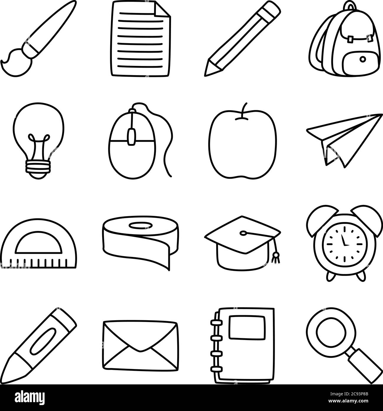 apple and school supplies icon set over white background, line style ...