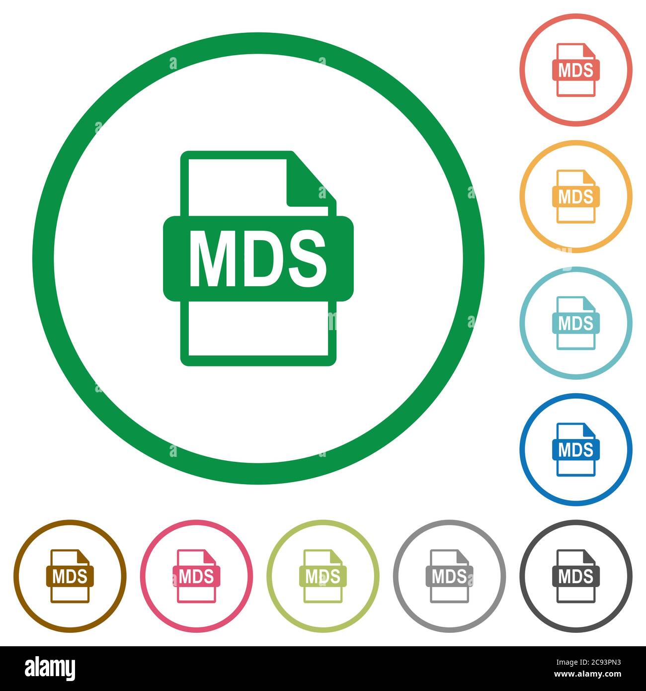 MDS file format flat color icons in round outlines on white background ...