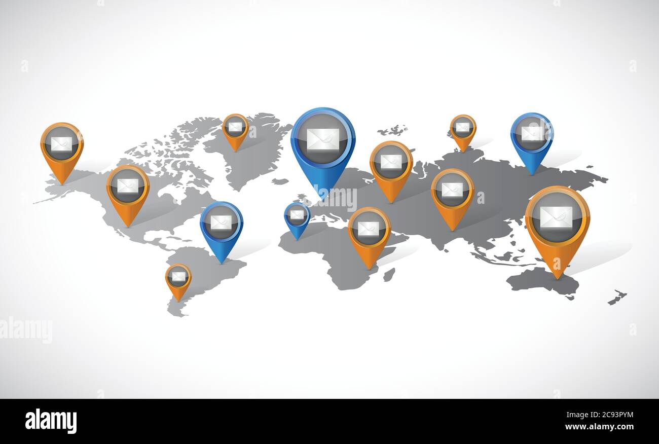 Email marketing communication world map illustration design over a ...
