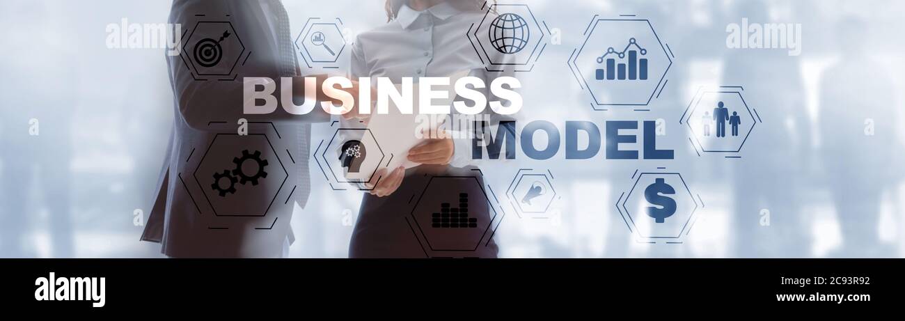 Business Model Concept. Abstract background with keywords and icons ...