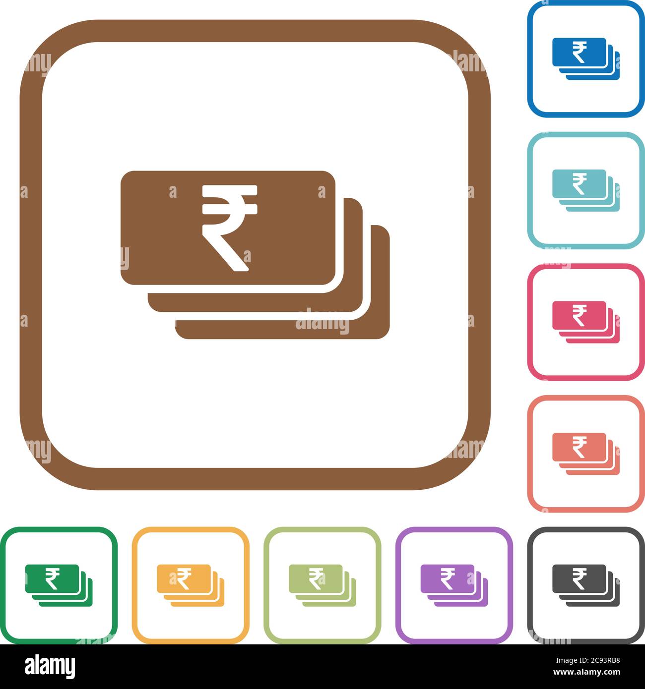 Indian Rupee banknotes simple icons in color rounded square frames on ...