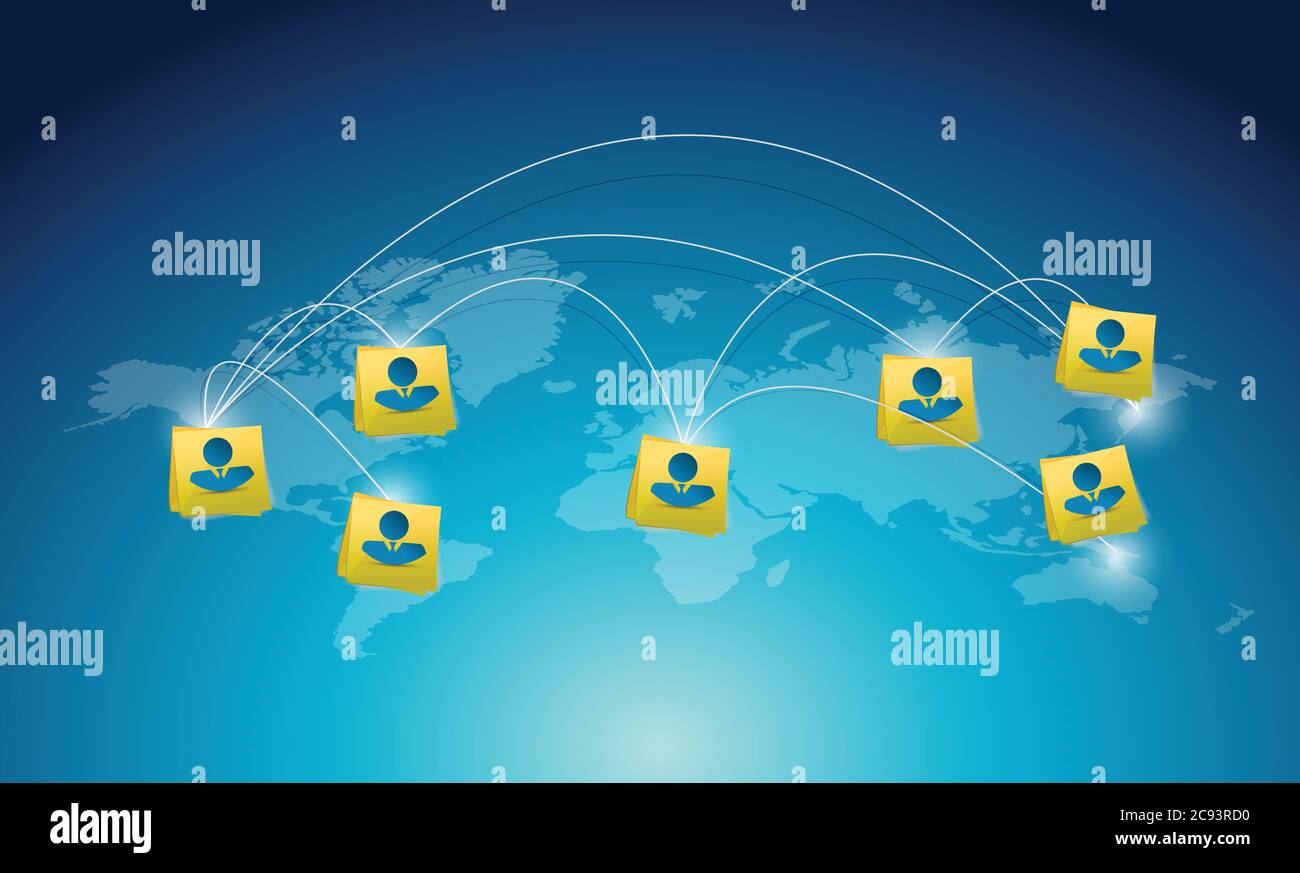 People network communication world map illustration design over a blue ...