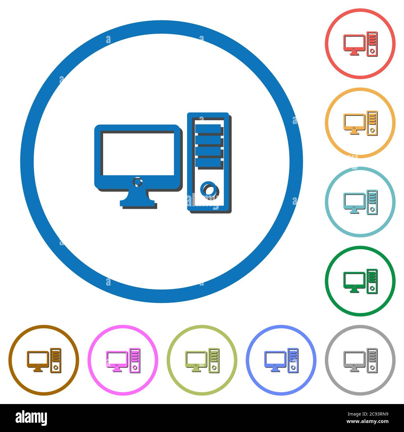 Desktop computer flat color vector icons with shadows in round outlines ...