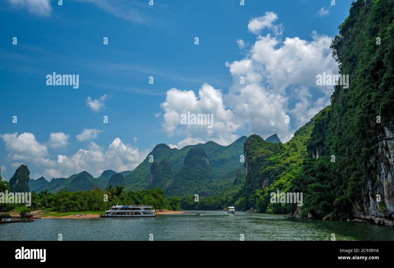 Yangshuo, China - August 2019 : Sightseeing boat deck view of the ...