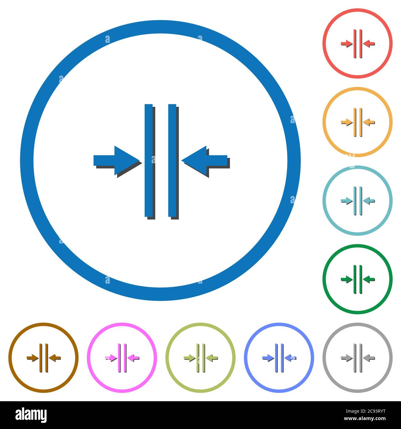 Adjust text column gutter flat color vector icons with shadows in round outlines on white ...